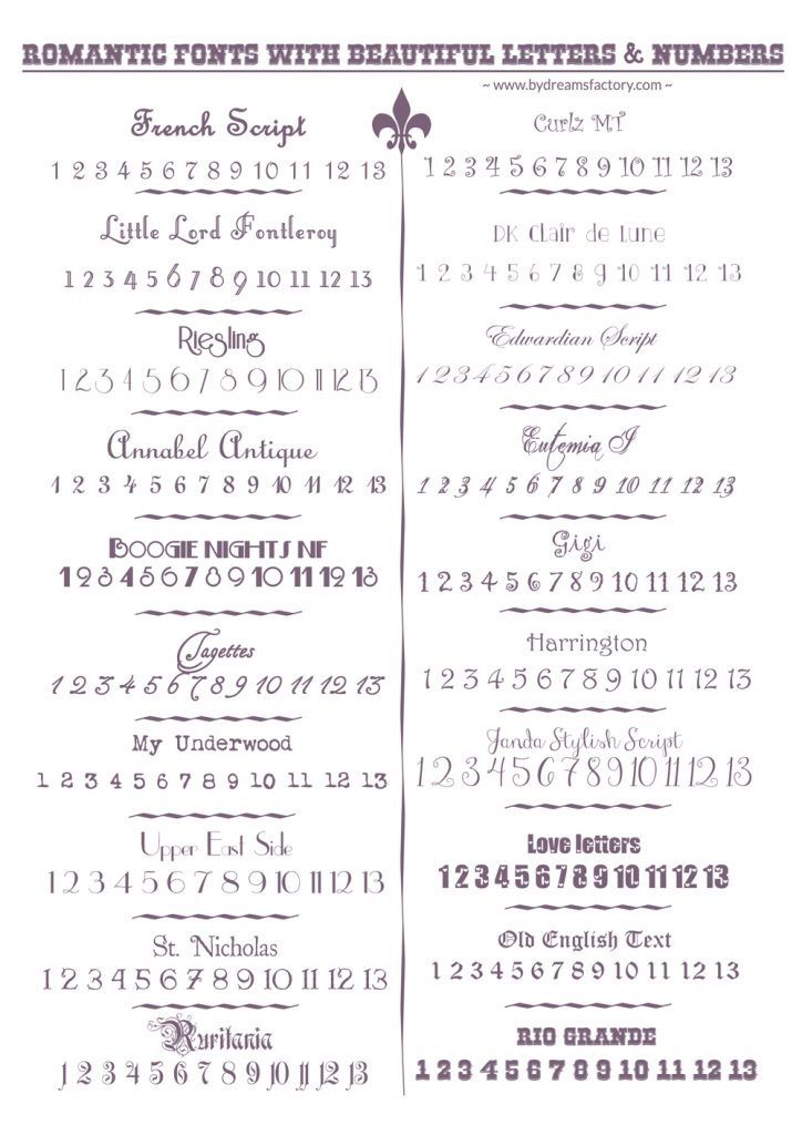 Romantic fonts with beautiful letters and numbers